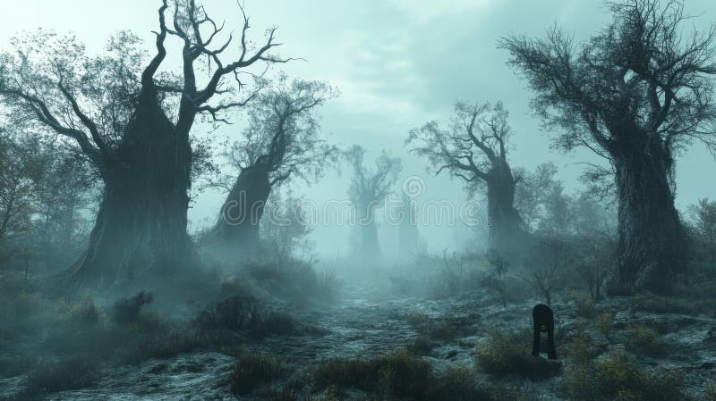 A Misty Forest Path with Looming Trees and a Mysterious Figure Stock ...