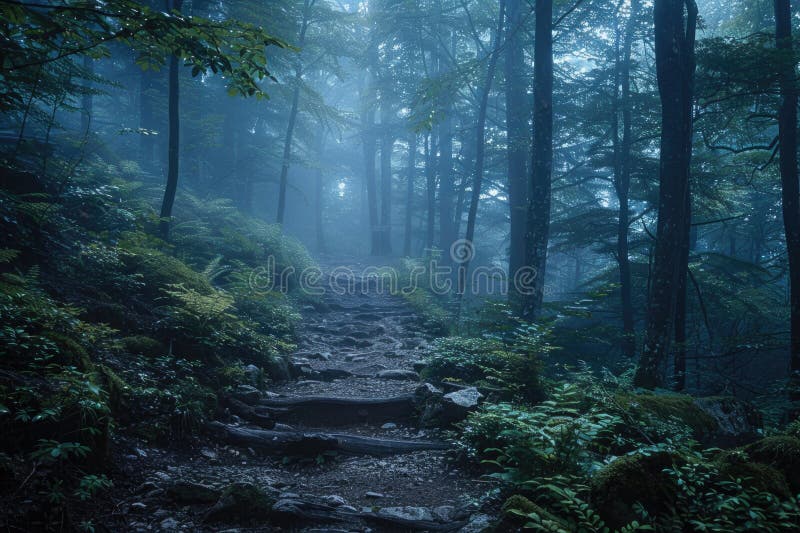 Misty Forest Path with Lush Greenery and Serene Atmosphere Stock Photo ...