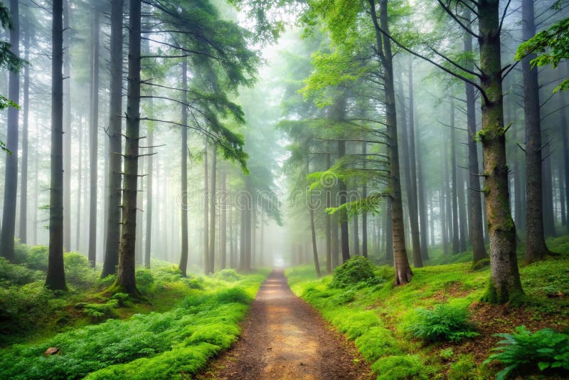 Misty Forest Path with No One Around Stock Illustration - Illustration ...