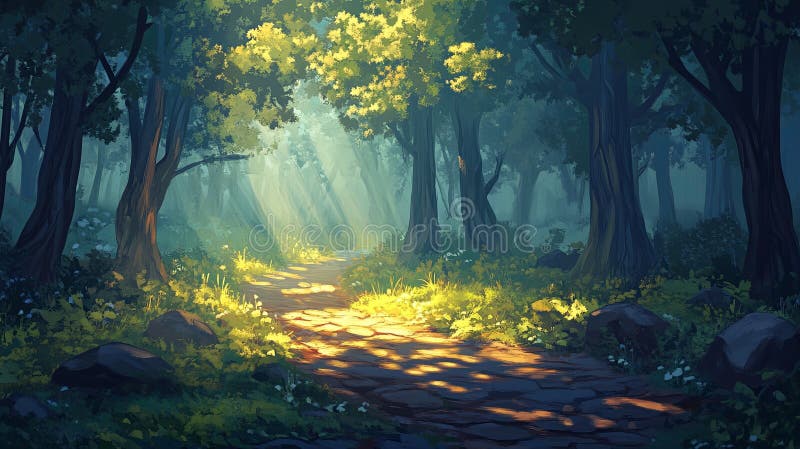 Misty Forest Path with Soft Light Filtering through Trees. Stock Image ...