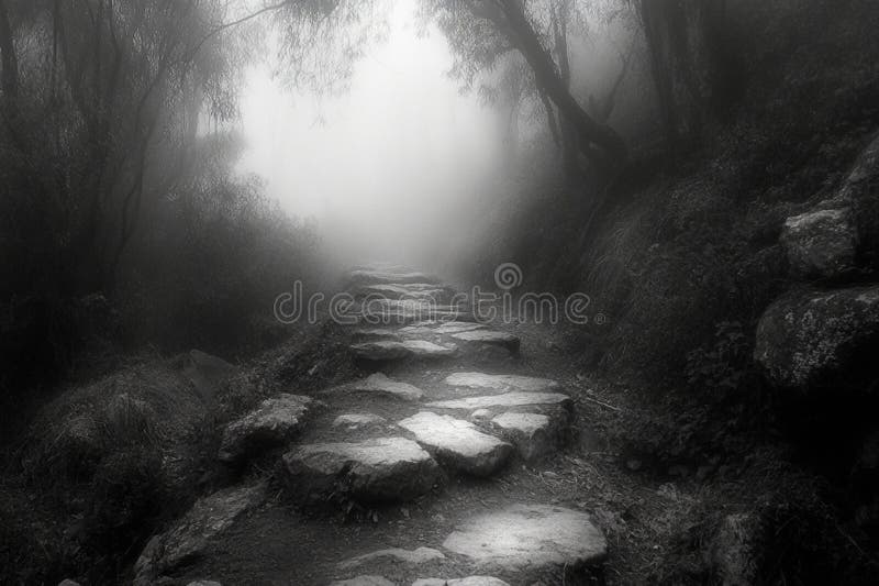 Misty Forest Path Stone Steps Leading through Foggy Woods Stock ...
