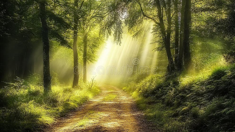 Misty Forest Path with Sun Rays Breaking through Trees. Stock Photo ...