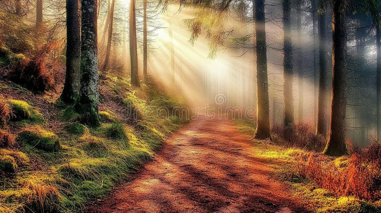 Misty Forest Path with Sun Rays Breaking through Trees. Stock Image ...