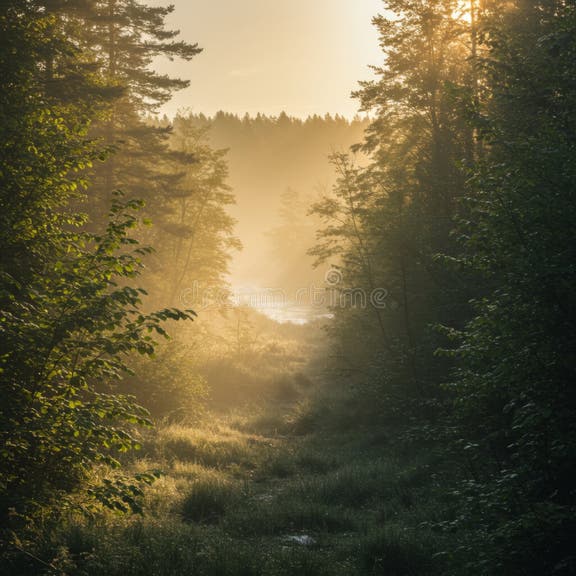 Misty Forest Path at Sunrise Stock Illustration - Illustration of ...