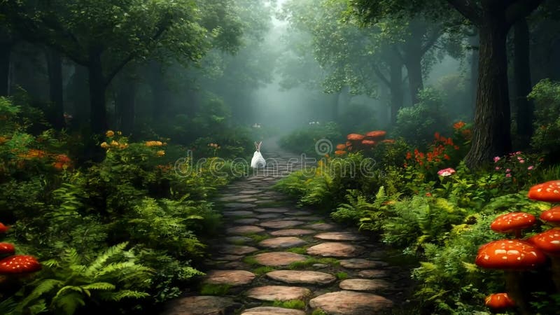 Misty Forest Path, White Rabbit, Floral Borders, Game Background Stock ...