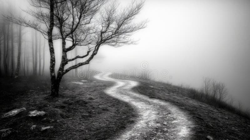 Winding Forest Path through Foggy Autumn Woods Stock Photo - Image of ...