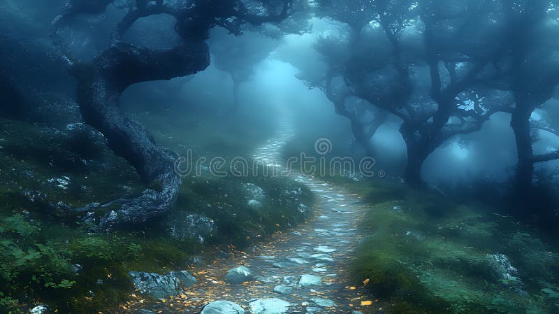 Misty Forest Path Winding Uphill, Autumn Leaves, Game Background Stock ...