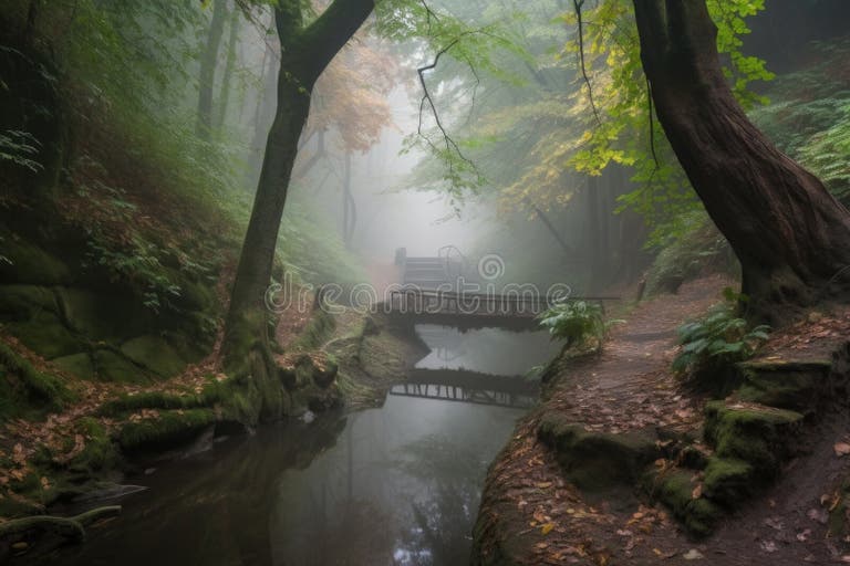 Misty Forest Pathway with Hidden Waterfall and Reflection Stock ...