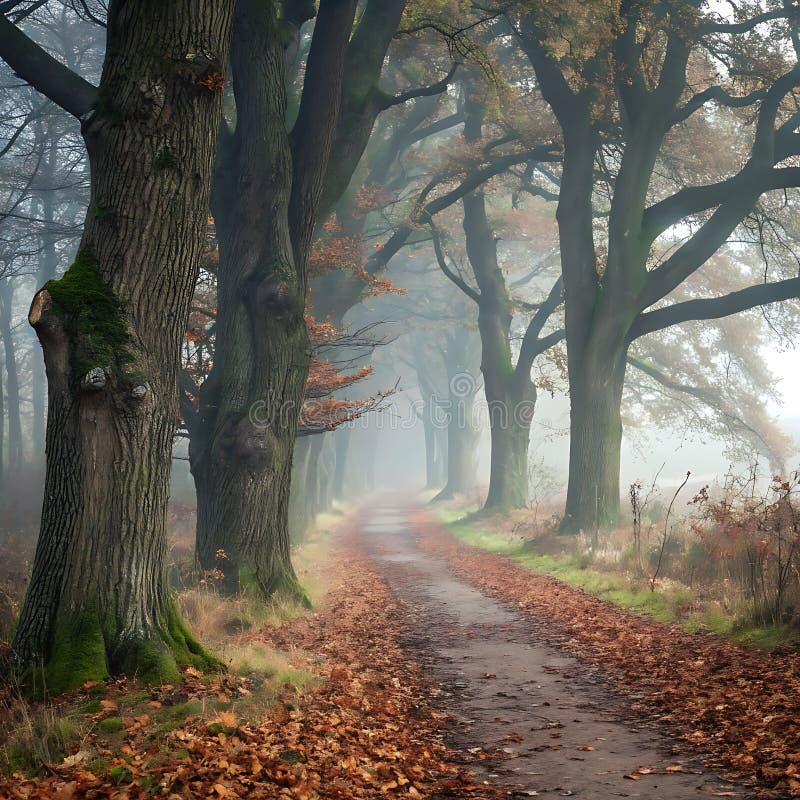 Misty Forest Pathway Lined with Oak Trees and Fallen Leaves Stock ...