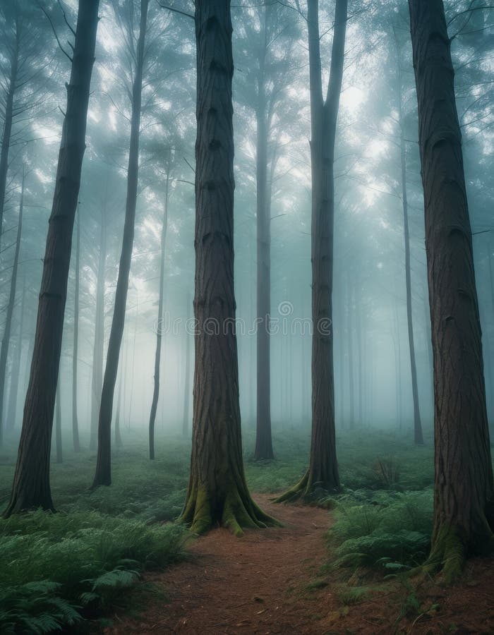 Misty Forest Pathway between Tall Trees Stock Image - Image of outdoor ...