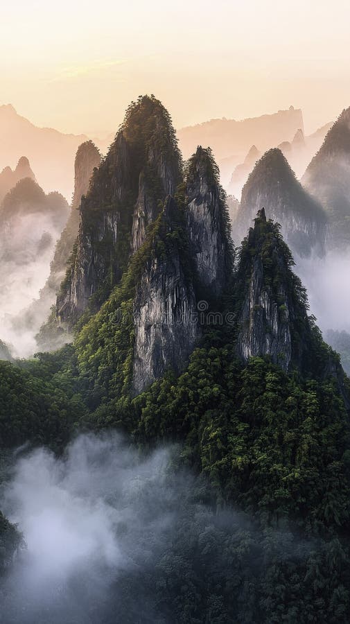 Misty Forest Peaks with Dramatic Cliffs Stock Illustration ...