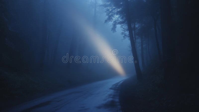 Misty Forest Road Illuminated by a Single Light Beam Stock Illustration ...
