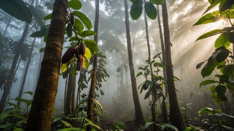 Misty Rainforest Cocoa Beans Sunrise Stock Illustration - Illustration ...