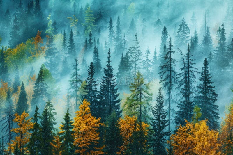 A Misty Forest Scene with Dense Trees. Ideal for Nature Backgrounds ...
