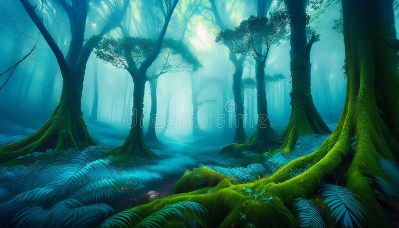 Night misty fantasy forest stock illustration. Illustration of view ...