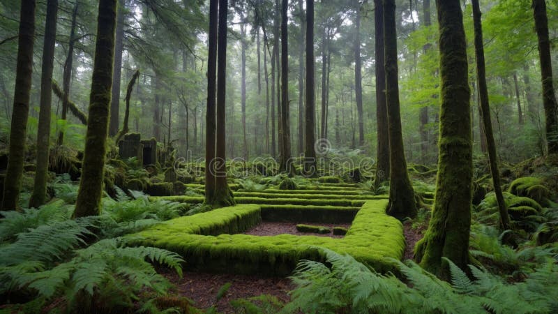 Enigmatic Mossy Stone Maze in a Lush Green Forest Stock Illustration ...