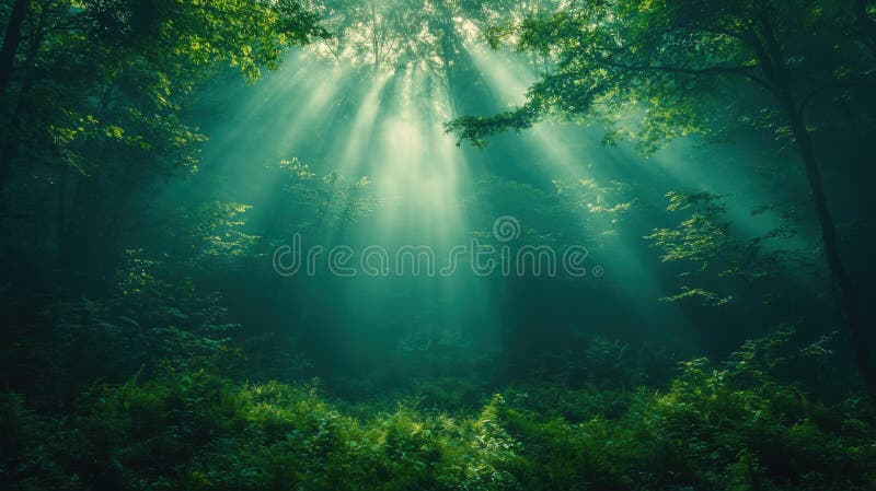 Misty Forest Scene with Layered Trees and Soft Sunlight Filtering ...