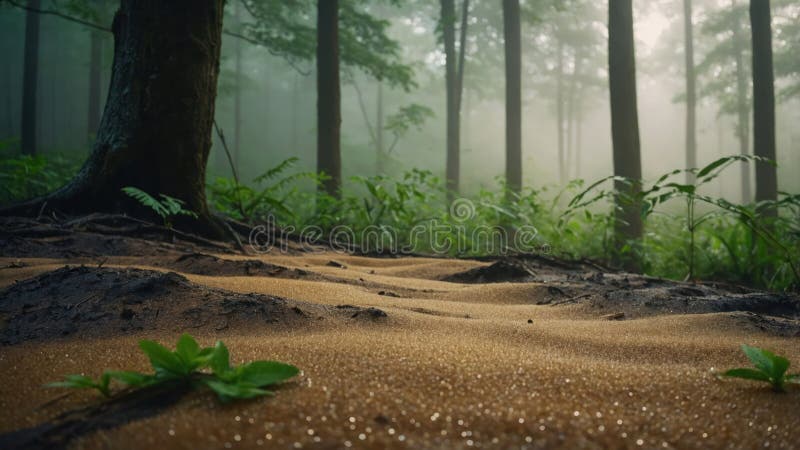 Mystical Forest Sand Path at Sunrise: Dew-kissed Golden Sand, Tree ...