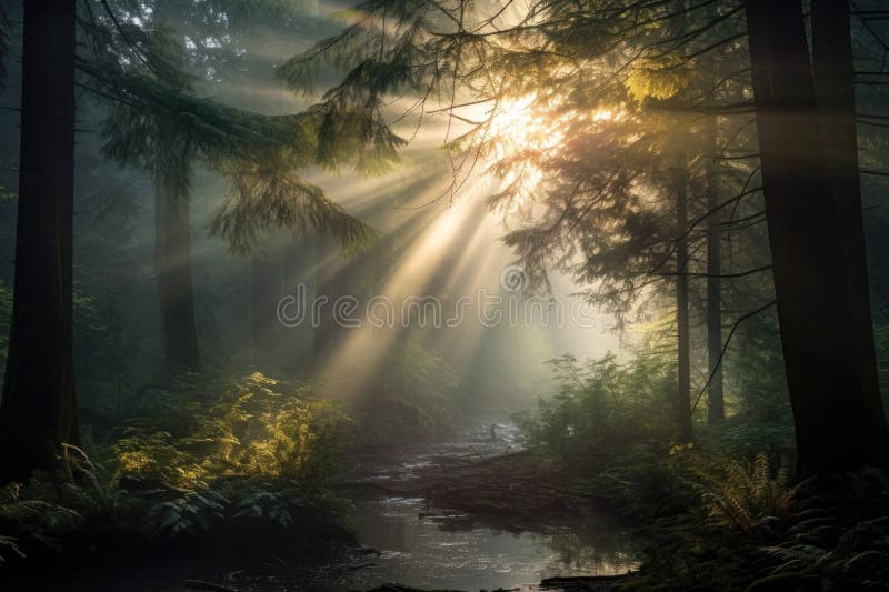 Misty Forest Scene with Sun Rays Breaking through Stock Illustration ...
