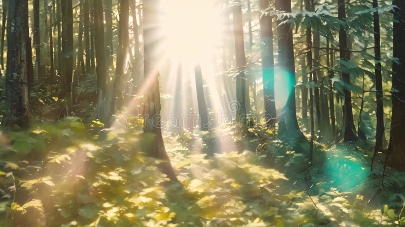 A Misty Forest Scene with Sunlight Beams Breaking through the Trees at ...