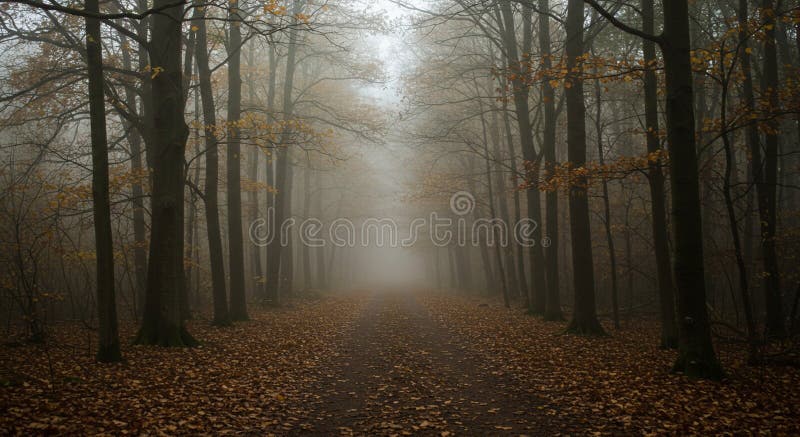 A Misty Forest Scene with Tall Trees Lining Both Sides of a Dirt Path ...