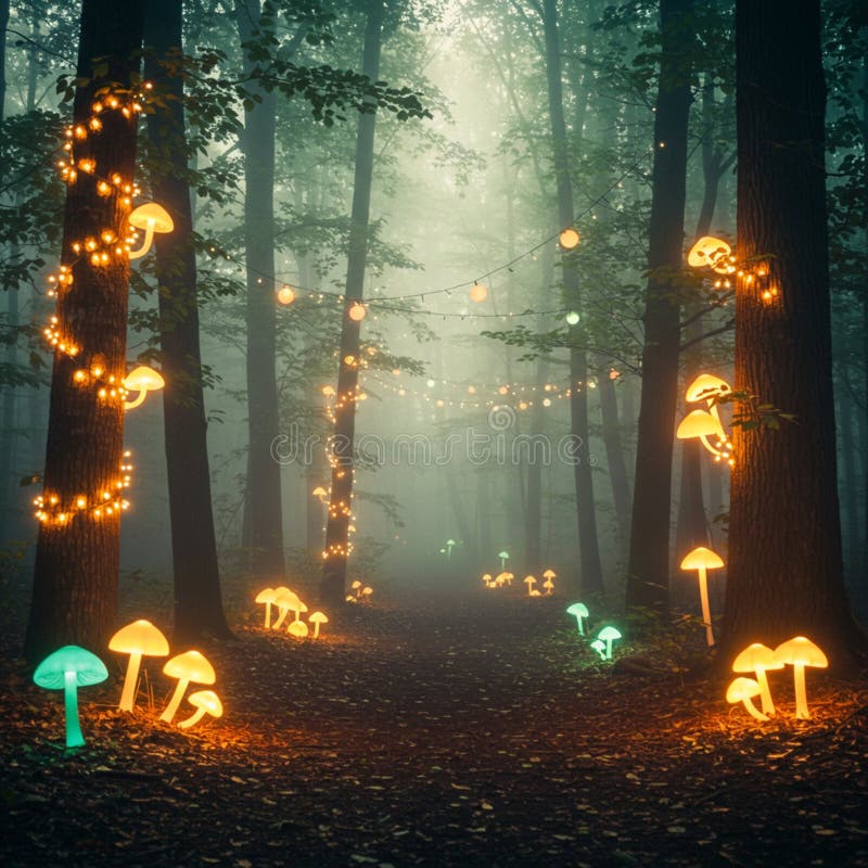 Misty Forest Scene with Trees Adorned with Glowing String Lights ...