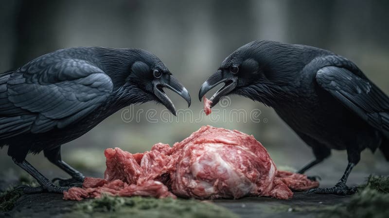 Two Ravens Feast on Raw Meat in a Forest, Showcasing Nature S Raw ...