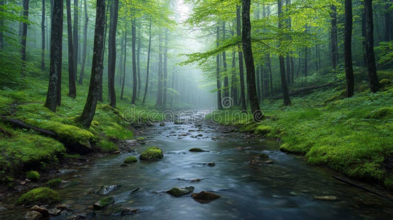 Misty Forest Stream Flows through Lush Green Woods Stock Illustration ...