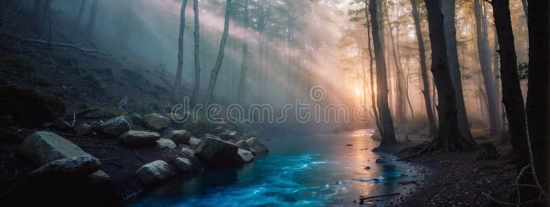 A Misty Forest Stream Glows Blue at Sunrise Stock Illustration ...