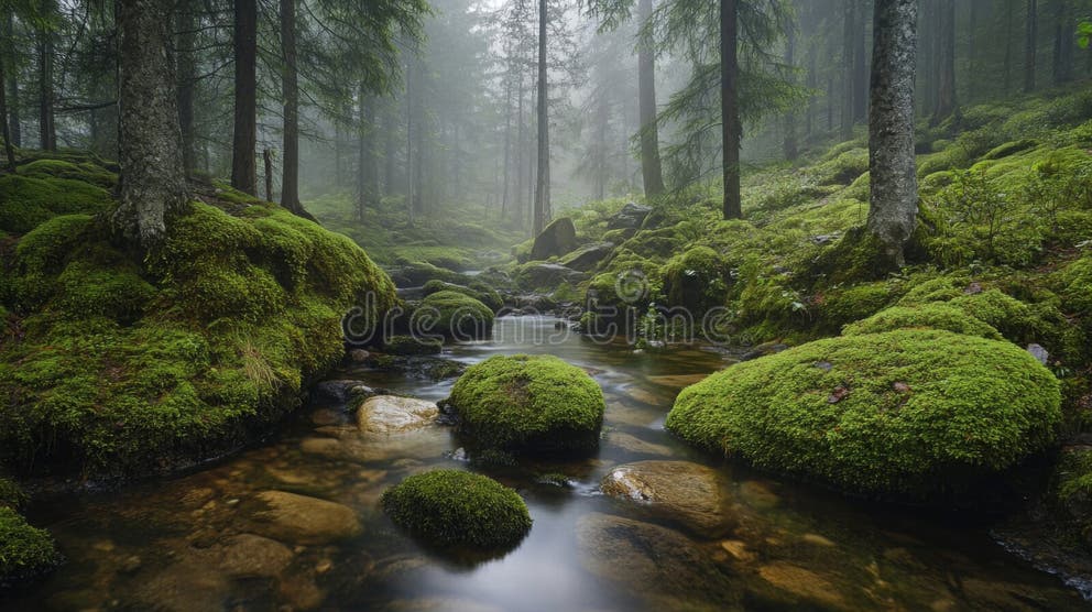 Misty Forest Stream with Moss Covered Rocks Stock Illustration ...