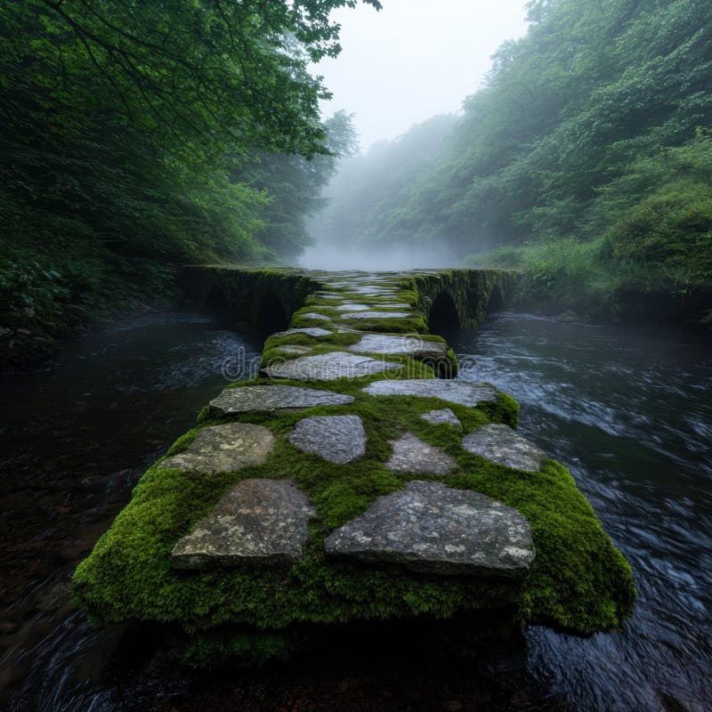 Misty Forest Stream with Mossy Rocks Stock Illustration - Illustration ...