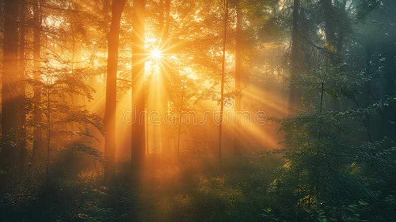 Golden Sunrise Rays Filter through the Mist in a Dense Forest ...
