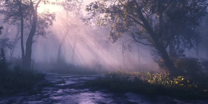 Misty Forest Sunrise: a Serene Nature Scene Stock Illustration ...