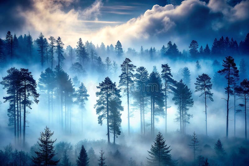 Misty Forest Sunrise, Tall Pines, Tranquil Scene, Use for Wallpaper or ...