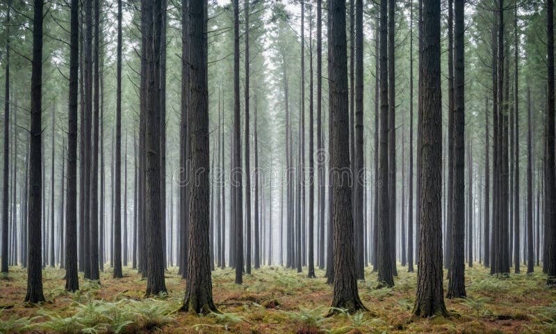 A Misty Forest with Tall Pine Trees Lining a Path Leading To a Distant ...