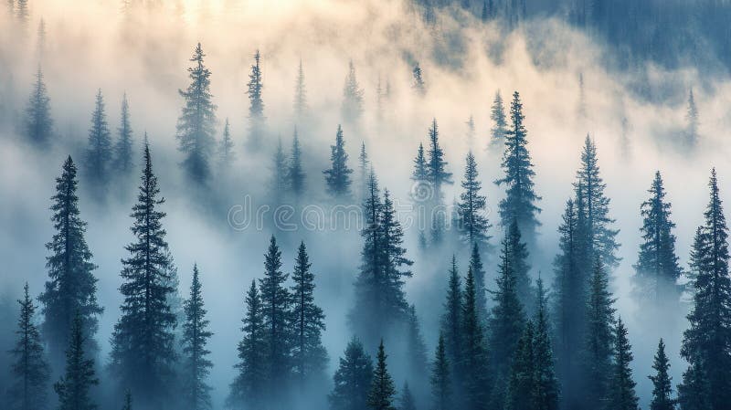 A Misty Forest with Tall Pine Trees and Soft Sunlight Breaking through ...