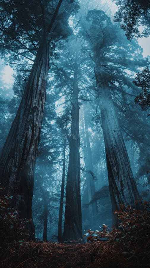 Misty Forest with Tall Trees in the Twilight Stock Image - Image of ...