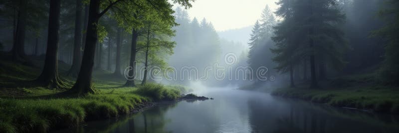 Misty Forest with Tall Trees and Winding River, River, Mist, Trees ...