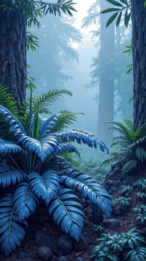 Misty Forest with Vibrant Blue Ferns and Towering Trees in Tranquil ...