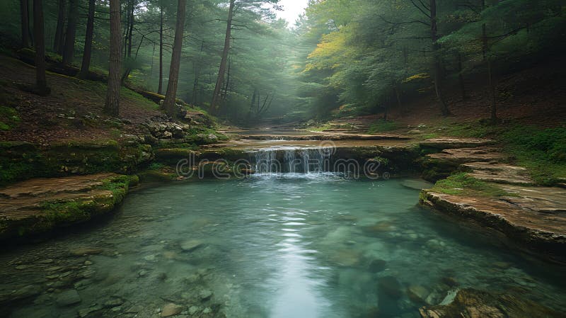 Misty Forest Waterfall Cascades into Tranquil Pool Stock Illustration - Illustration of serene ...