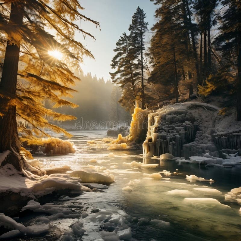 Misty Forest in Winter Snow at Sunset with River Long Exposure ...