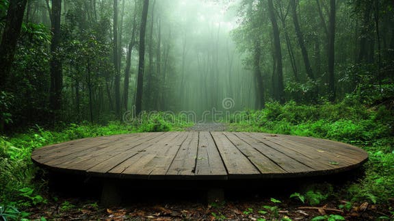 Misty Forest Wooden Platform in Lush Greenery Stock Photo - Image of ...