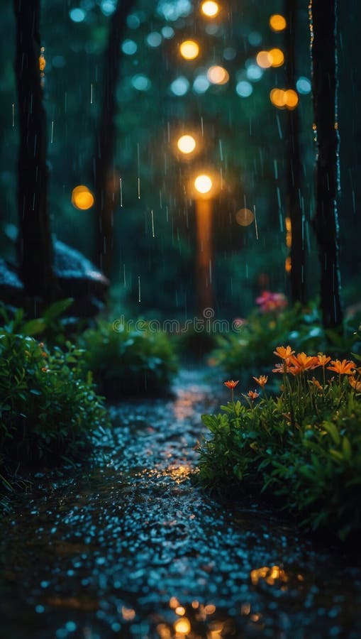 Misty Garden Path during Rain with Puddles Reflecting Greenery and ...