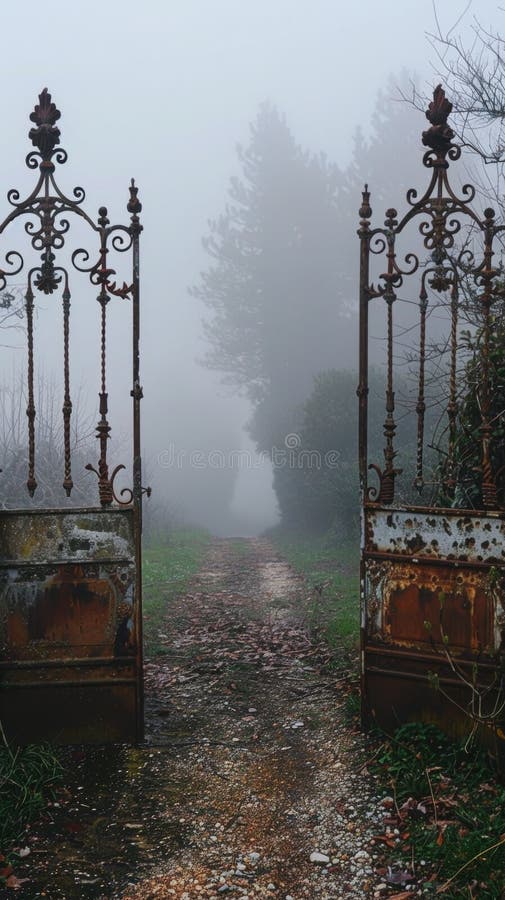 Misty Garden Path with Vintage Gate Stock Image - Image of vintage ...