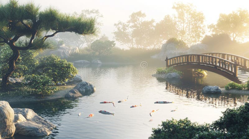 Misty Garden Pond, Japanese Bridge, Fish Stock Photo - Image of misty ...