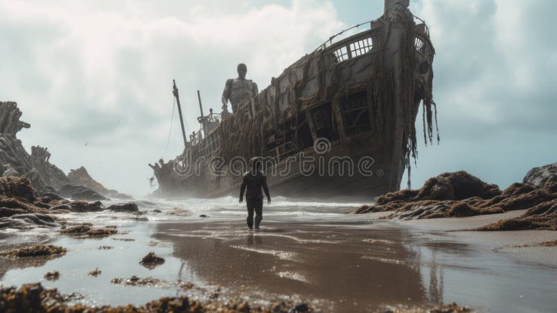 Misty Gothic Beach: an Abandoned Ship in Cinematic 3d Render Stock ...