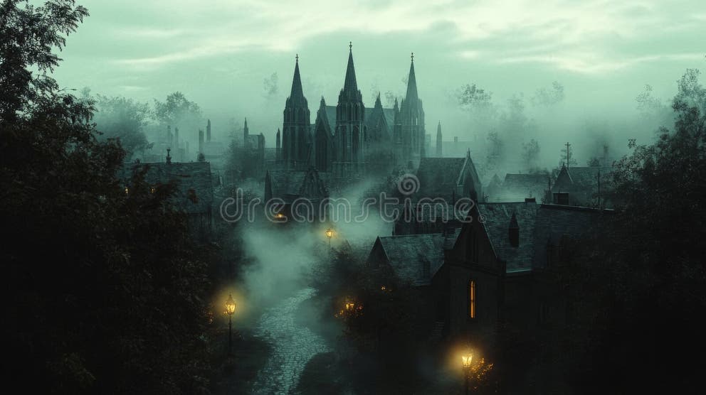 Misty Gothic Town at Dusk stock illustration. Illustration of gloomy ...