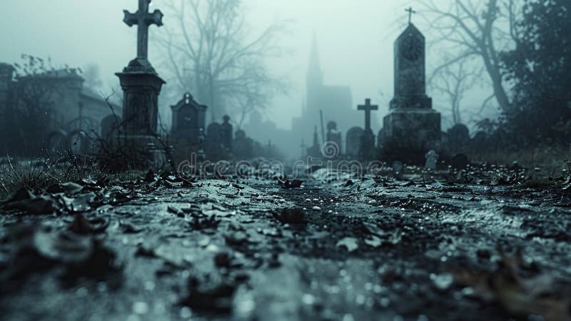A Misty Graveyard Pathway stock illustration. Illustration of creepy ...