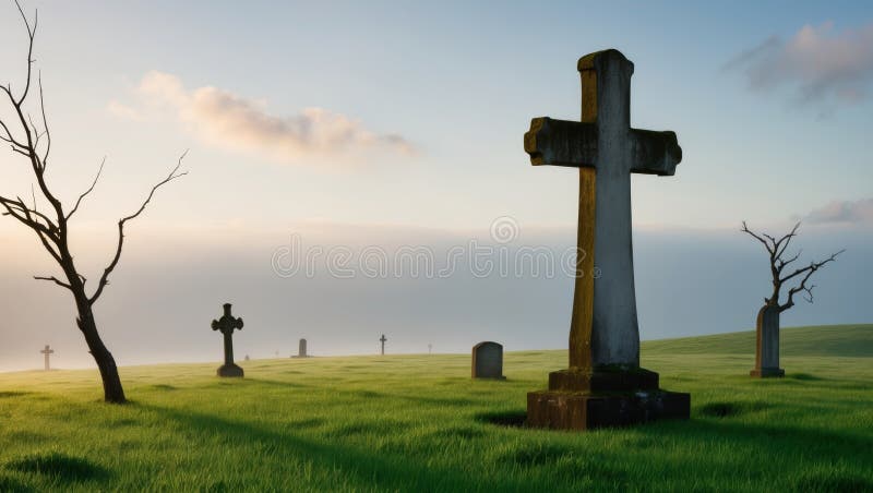 Misty Graveyard with Stone Cross in Serene Landscape. Stock Photo ...