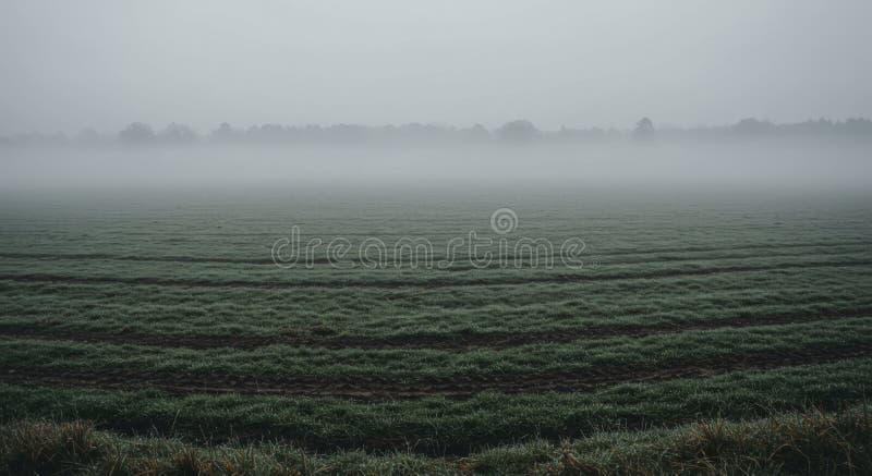 Misty Green Field Under an Overcast Sky Stock Image - Image of evening ...